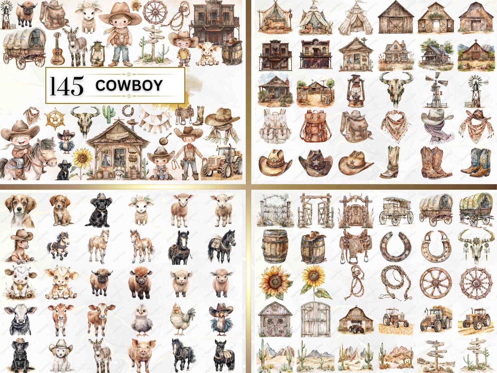 Western Mega Clipart Bundle Watercolor Western PNG Cowboy Clipart Farm ...