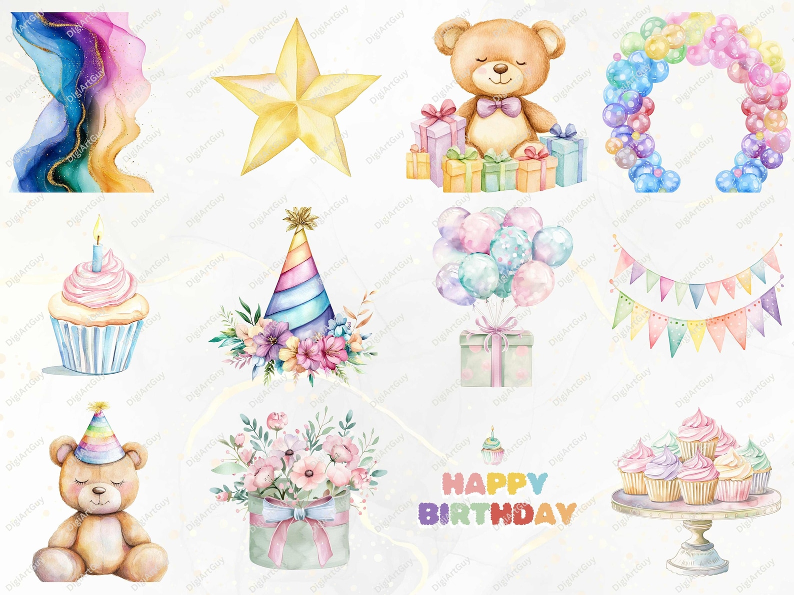Rainbow Birthday Watercolor Clipart Celebration Illustrations ...
