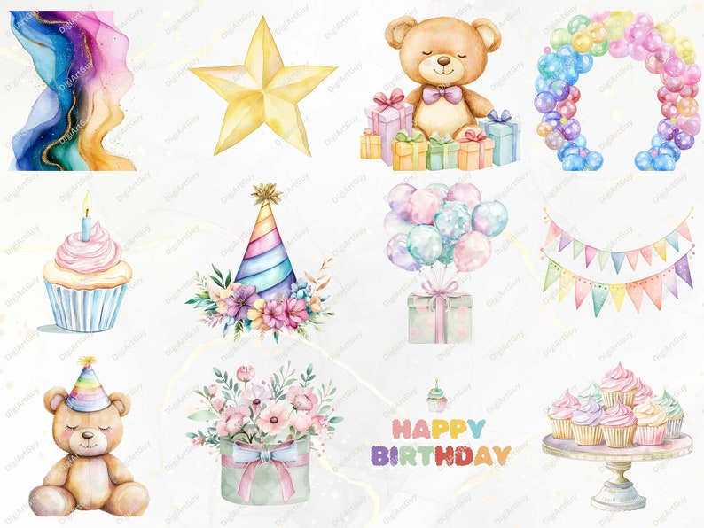 Rainbow Birthday Watercolor Clipart Celebration Illustrations ...