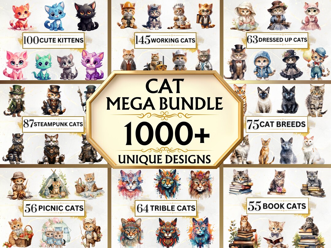 Cat PNG Mega Bundle - 1000+ Cat Clipart Pngs, Watercolor Animal Clipart ...