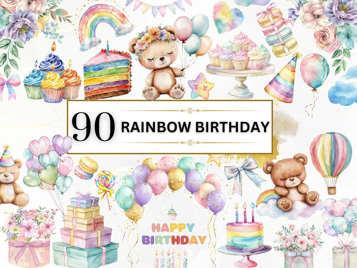 Rainbow Birthday Watercolor Clipart Celebration Illustrations ...