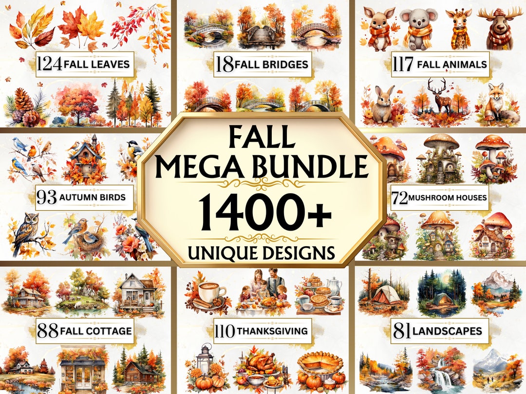 Fall Clipart Mega Bundle - 1400+ Autumn Clipart Pngs, Fall Watercolor ...