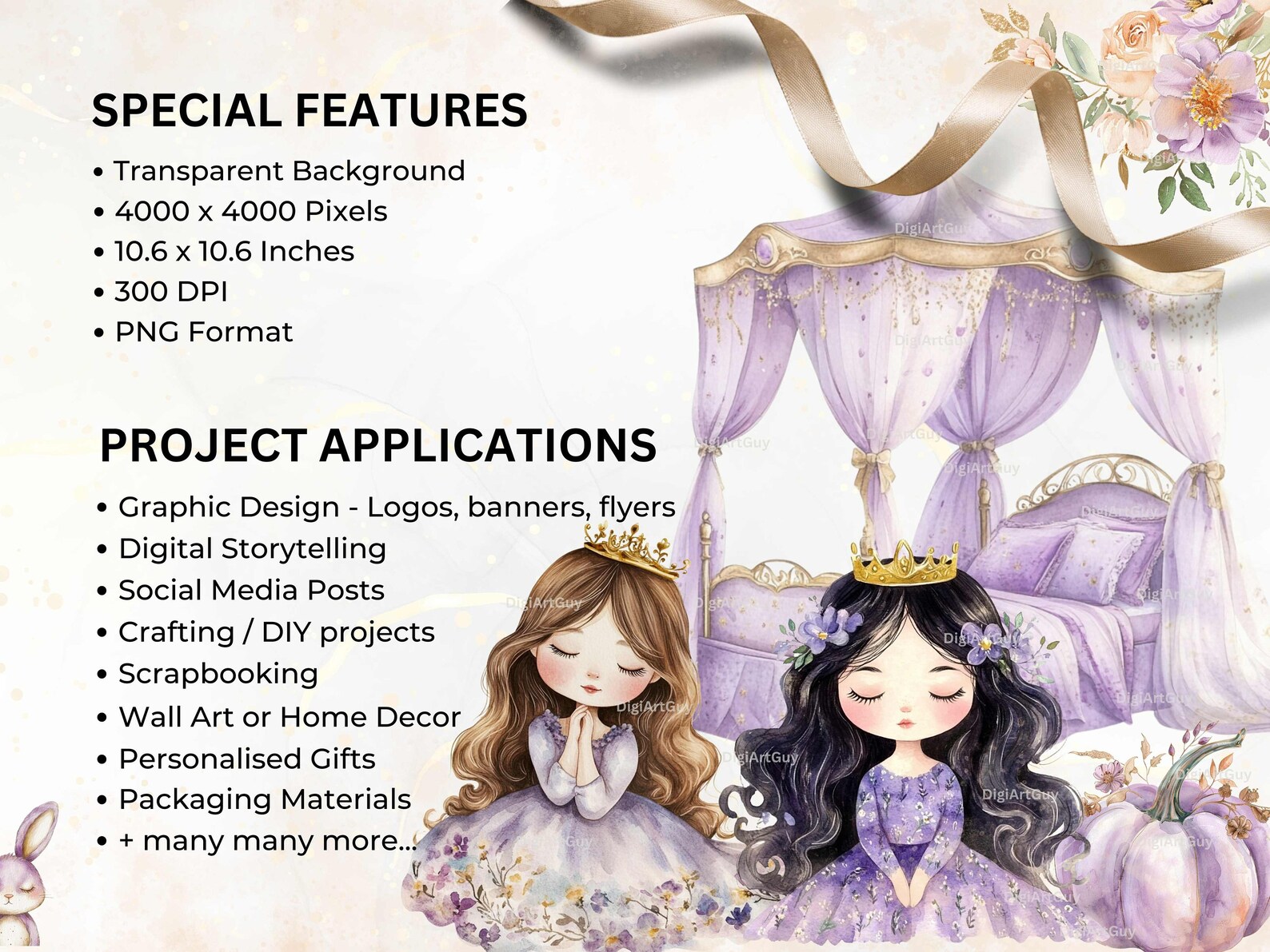 Lilac Princess Watercolor Clipart Cute Princess PNG Cinderella Clipart ...