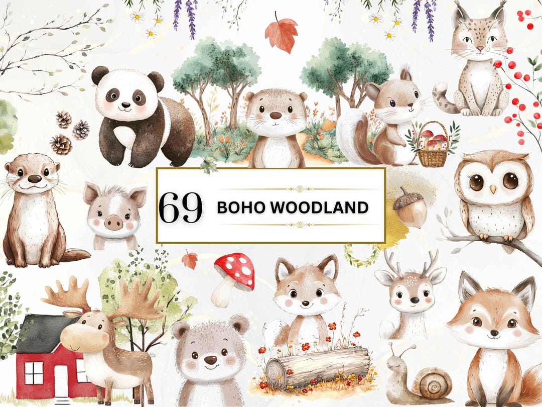 Boho Woodland Clipart Watercolor Woodland Animals Clipart Cute Woodland ...