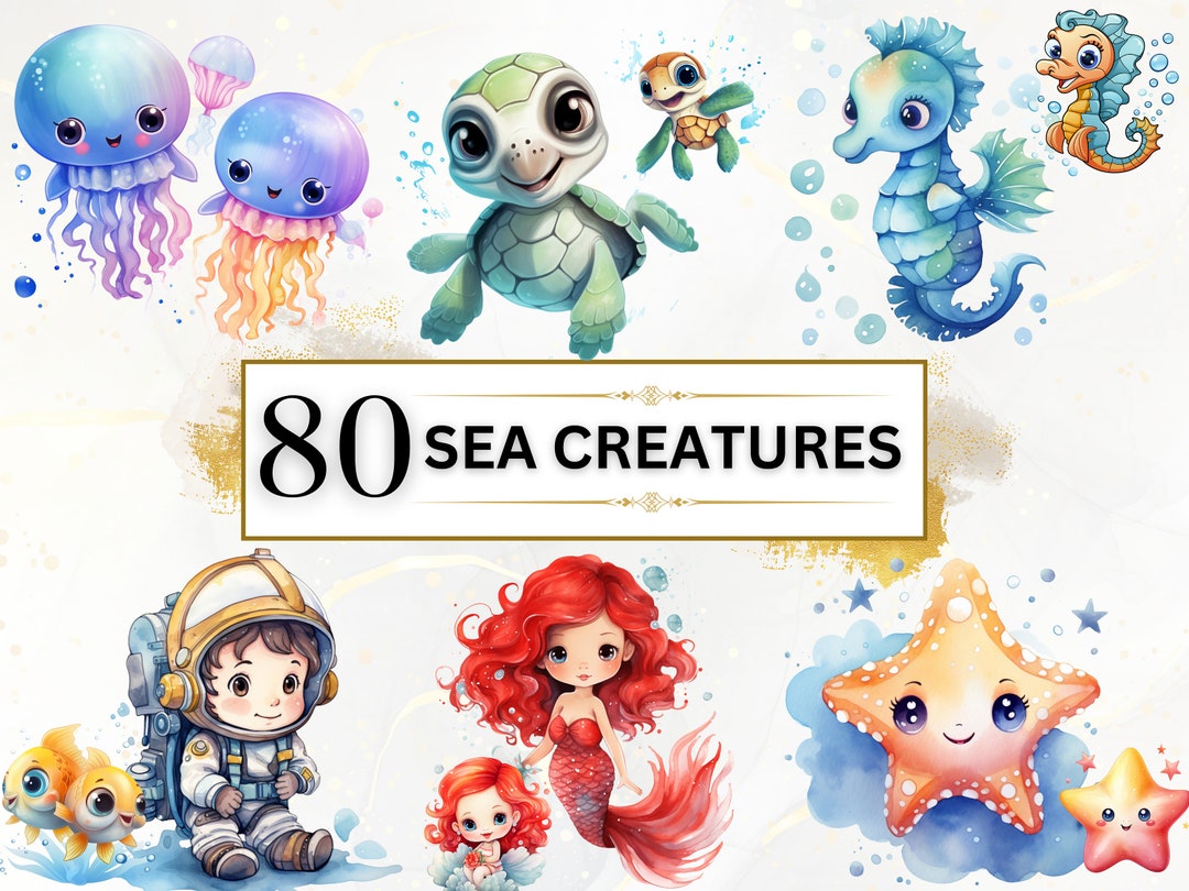 Cute Sea Creatures Clipart - 80 Sea Animals Clipart , Under the Sea PNG ...