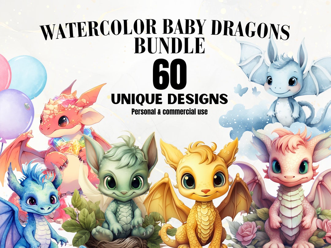 Baby Dragons PNG Bundle - 60 Watercolor Dragon Pngs, Dragon Clipart ...