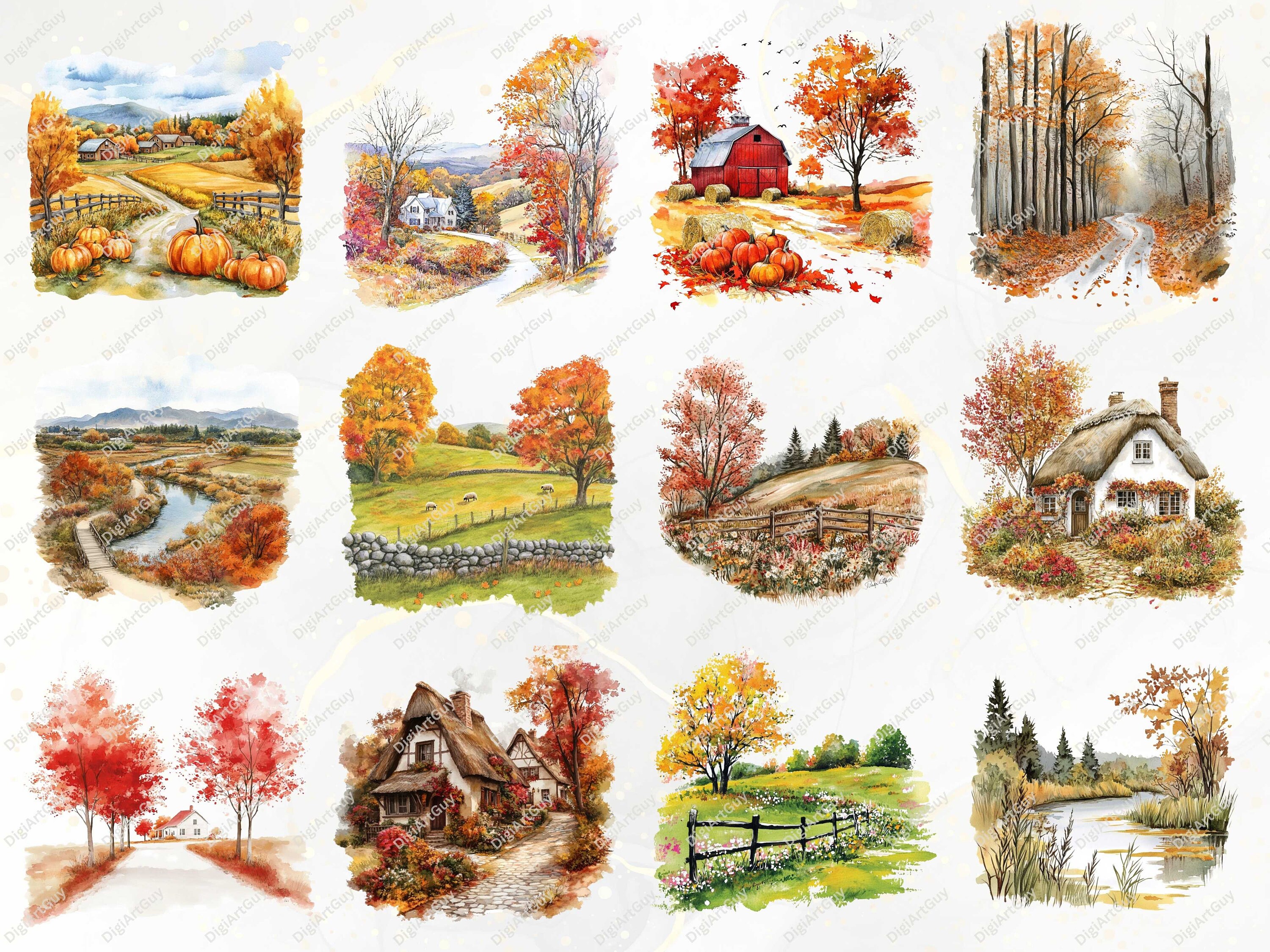Watercolor Countryside Clipart Fall Clipart Set Autumn Landscape ...