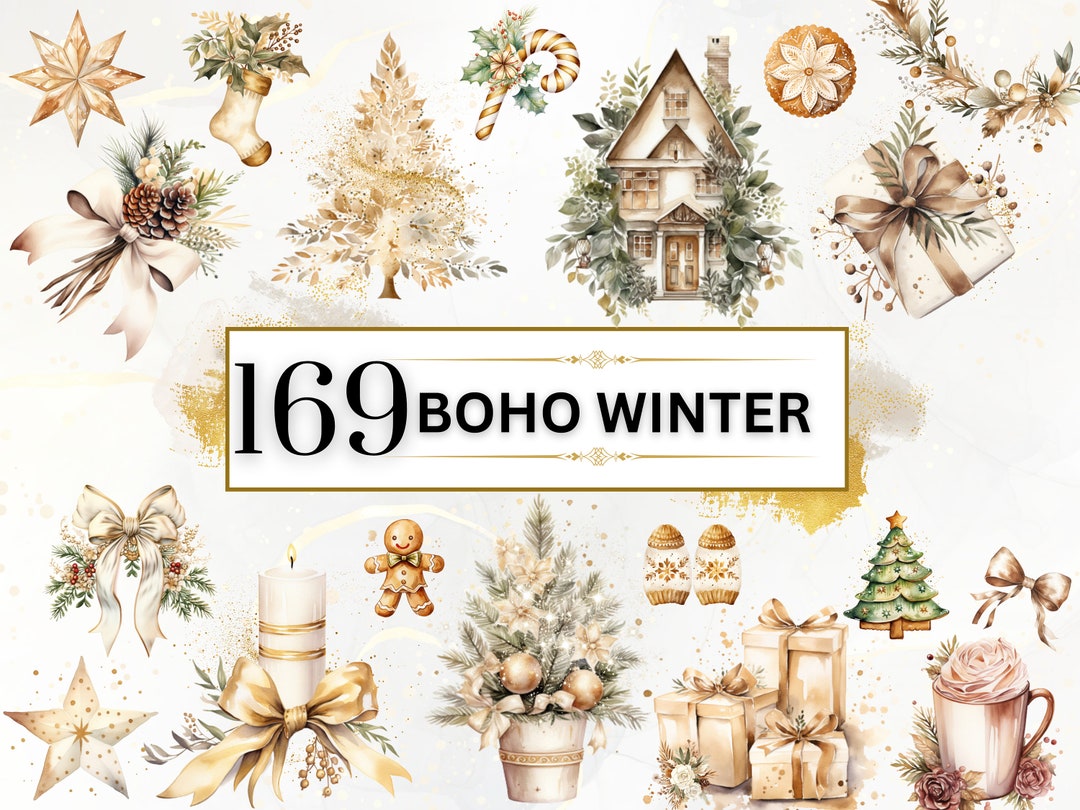 Boho Winter Clipart - 169 Watercolor Winter Clipart Pngs, Cozy Neutral ...