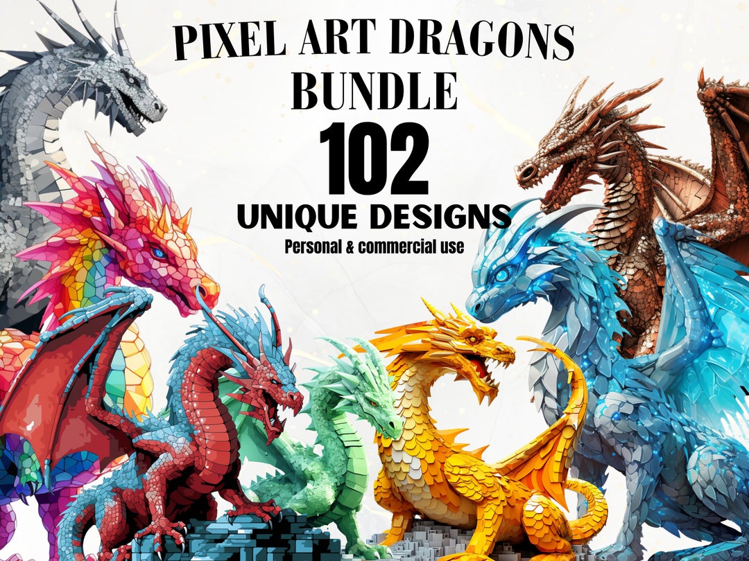 Pixel Art Dragons Clipart Bundle - 102 Unique Dragon Pngs, Dragon ...
