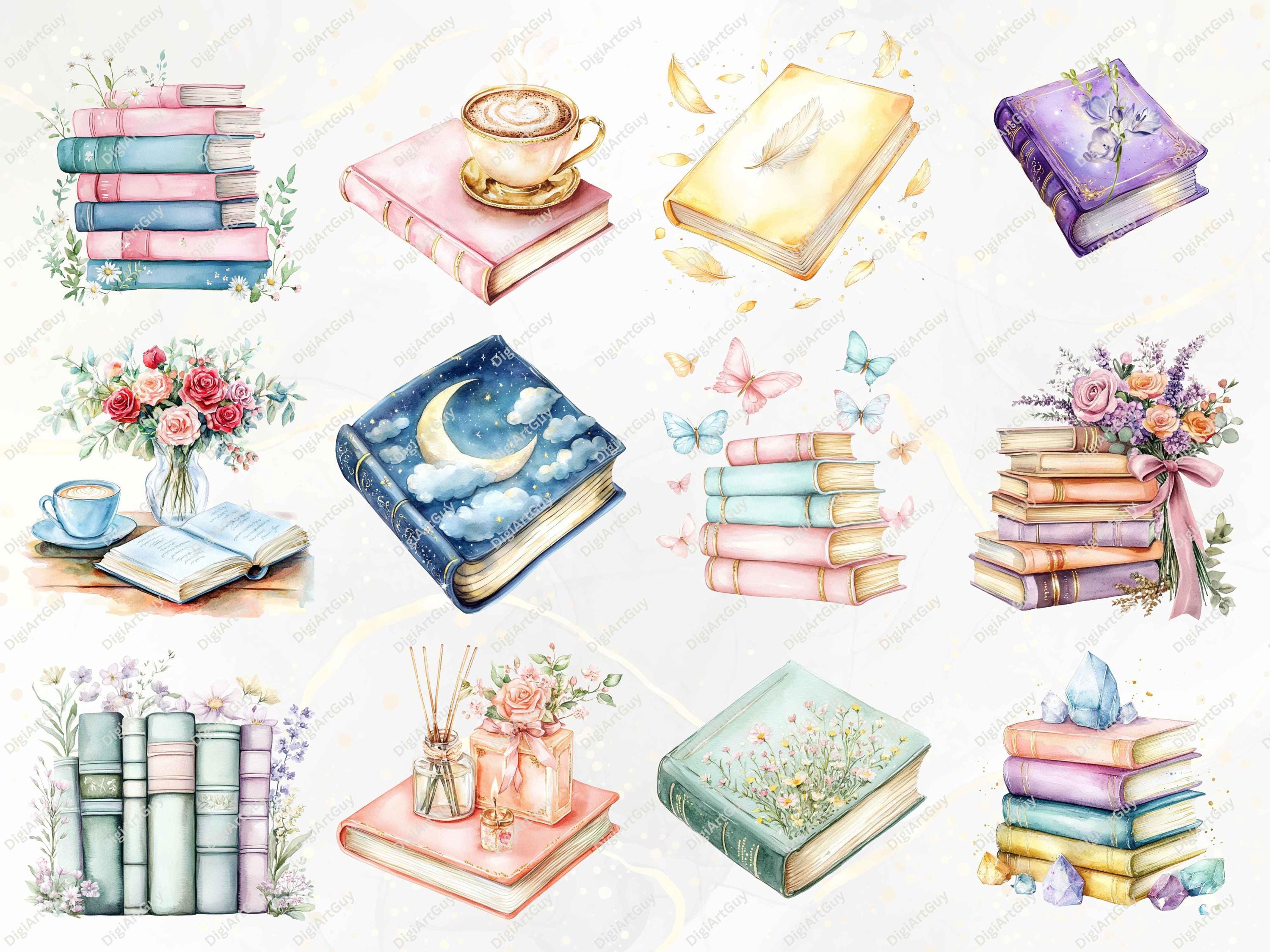 Pastel Books Clipart Watercolor Book PNG Floral Book Lover Clipart Open ...