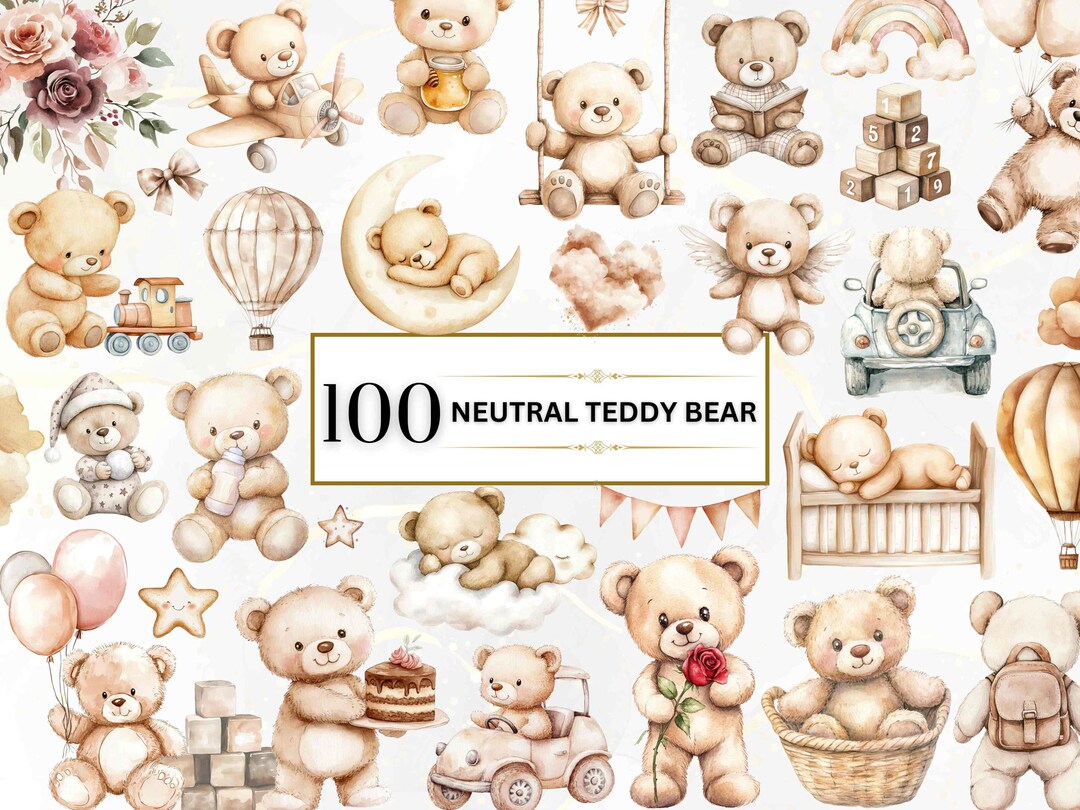 Boho Teddy Bear Clipart Watercolor Neutral Teddy Bear PNG Neutral Baby ...