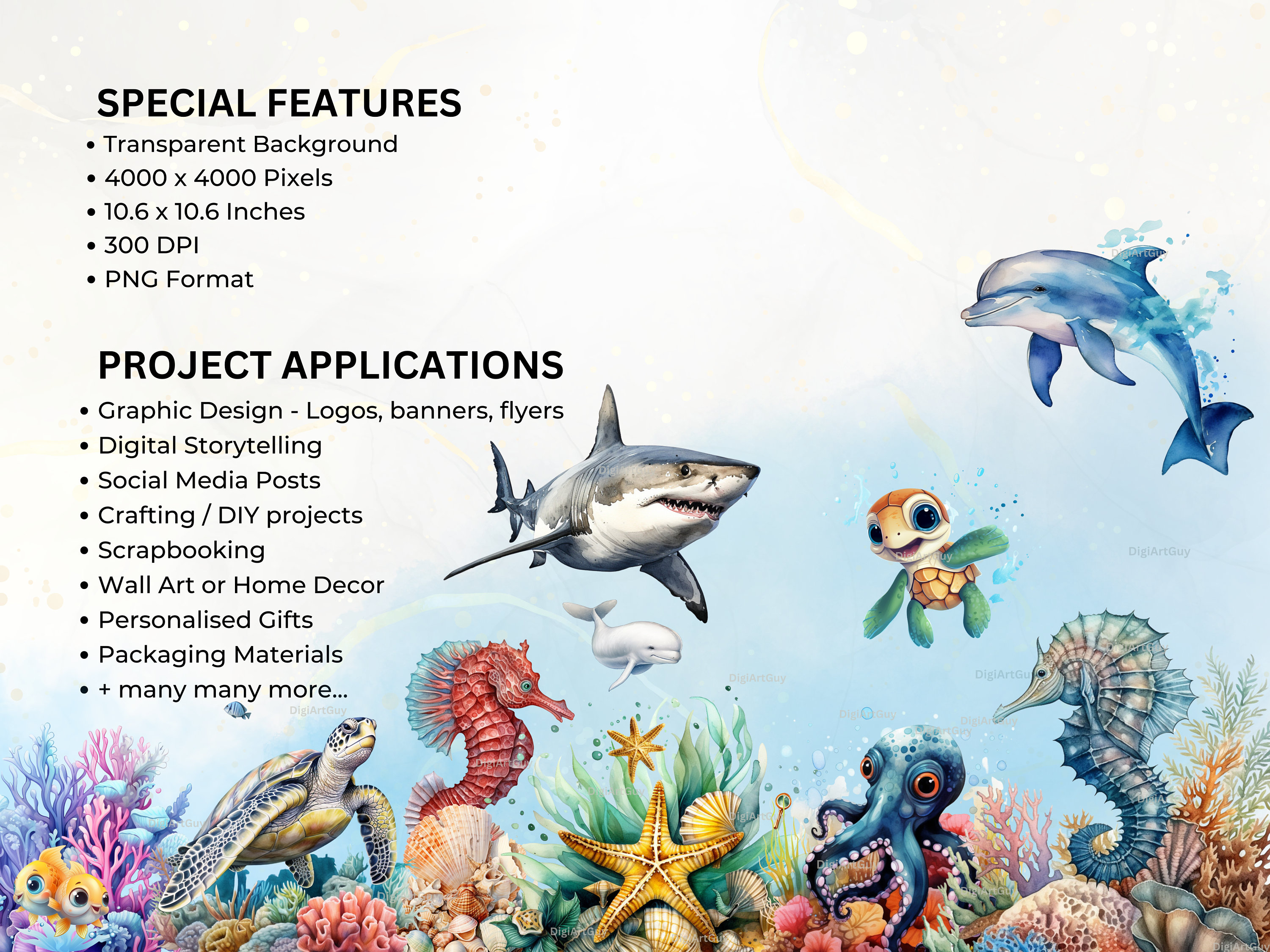 Sea Animals Clipart Bundle - 1200 Under the Sea Pngs, Cute Sea Animals ...