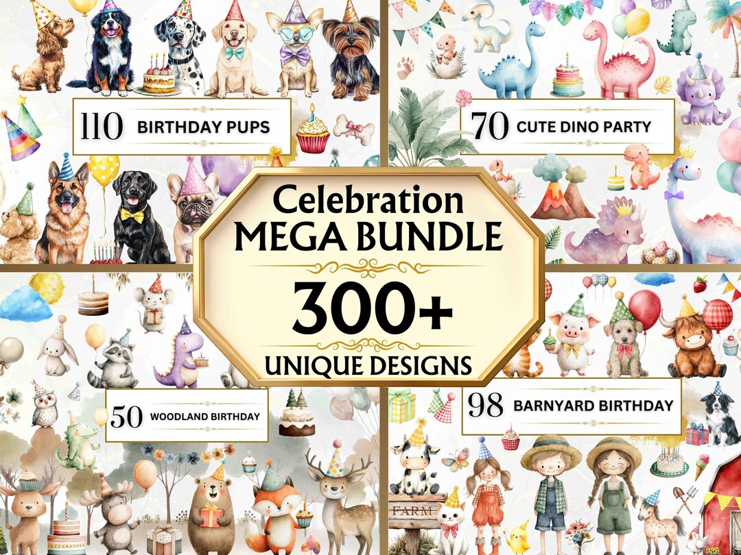 Animal Birthday Clipart Bundle Watercolor Birthday Clipart PNG ...