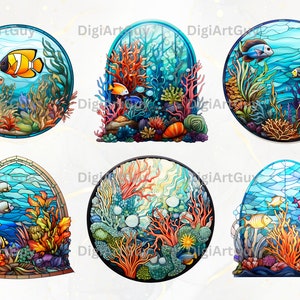 Stained Glass Sea Life Art - 95 Stained Glass Design Bundle, Digital ...