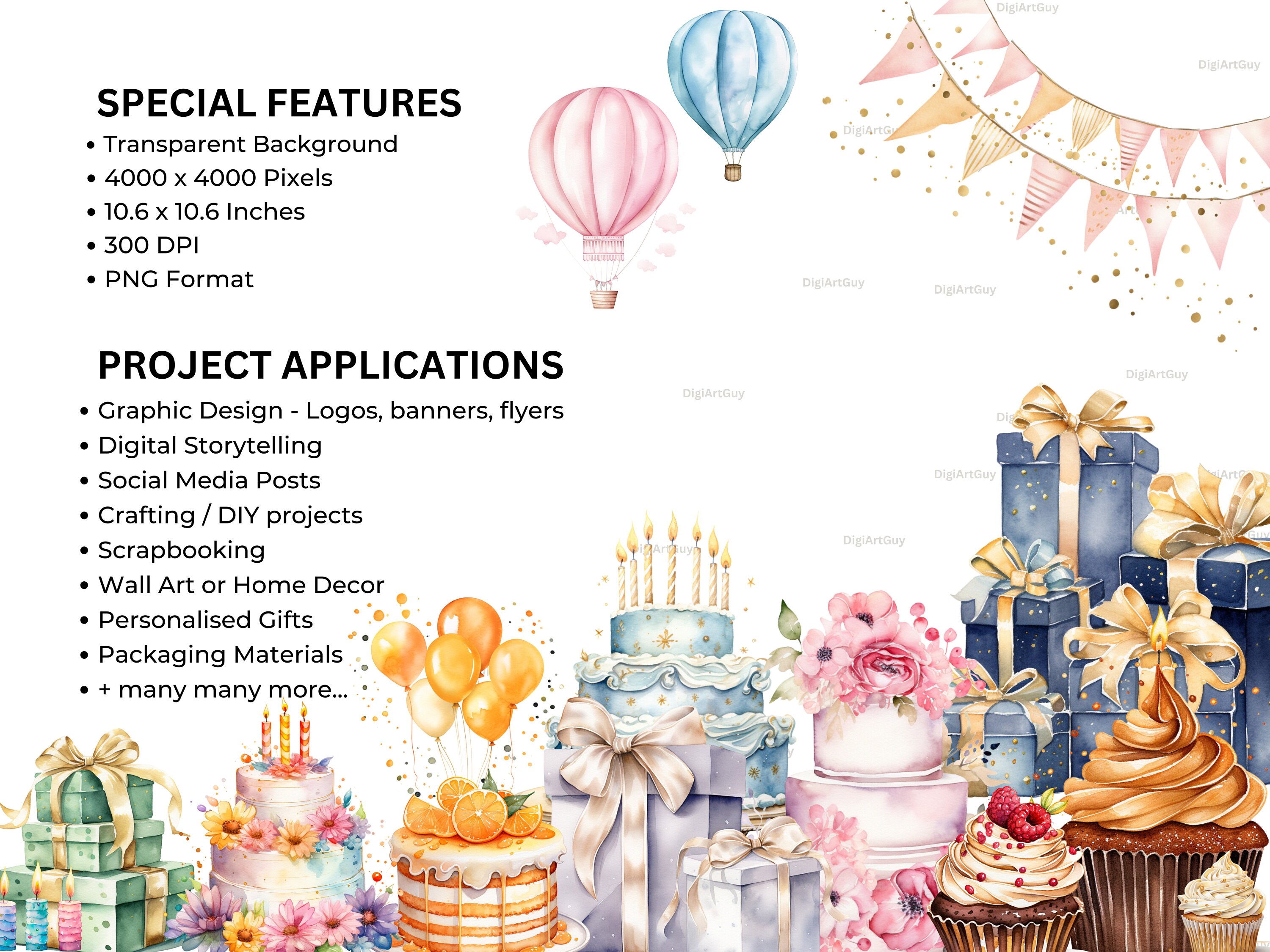 Birthday Clipart Bundle - 1400+ Birthday PNG, Watercolor Birthday ...