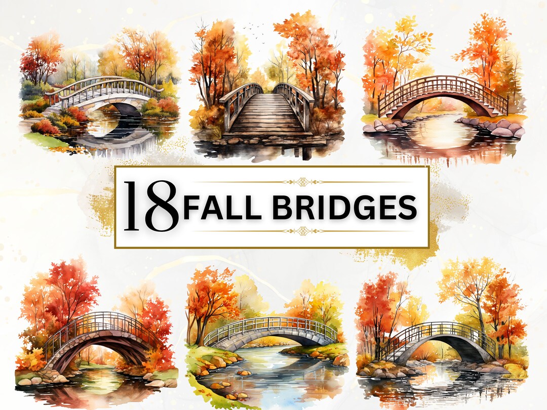 Autumn Bridge Bundle - 18 Bridge Clipart Pngs for Junk Journaling, Wall ...