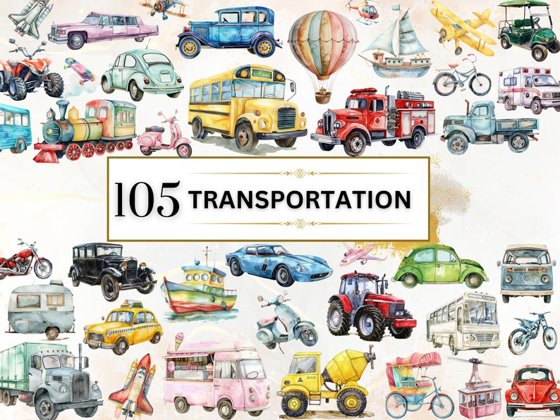 Transport Clipart Set Watercolor Public Transportation PNG Vehicle ...