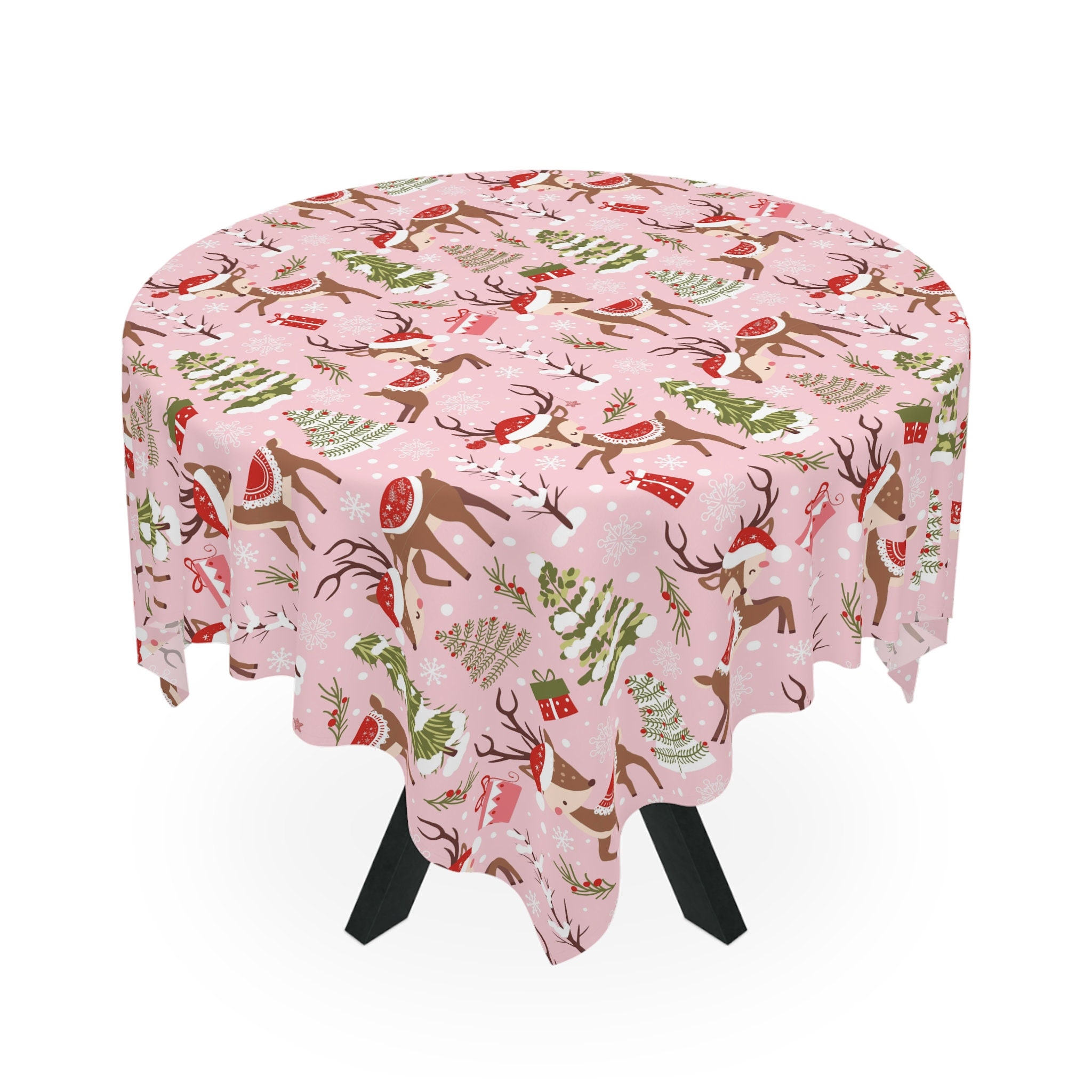 Pink Christmas Reindeer Tablecloth, Holiday Table Decorations, Seasonal ...