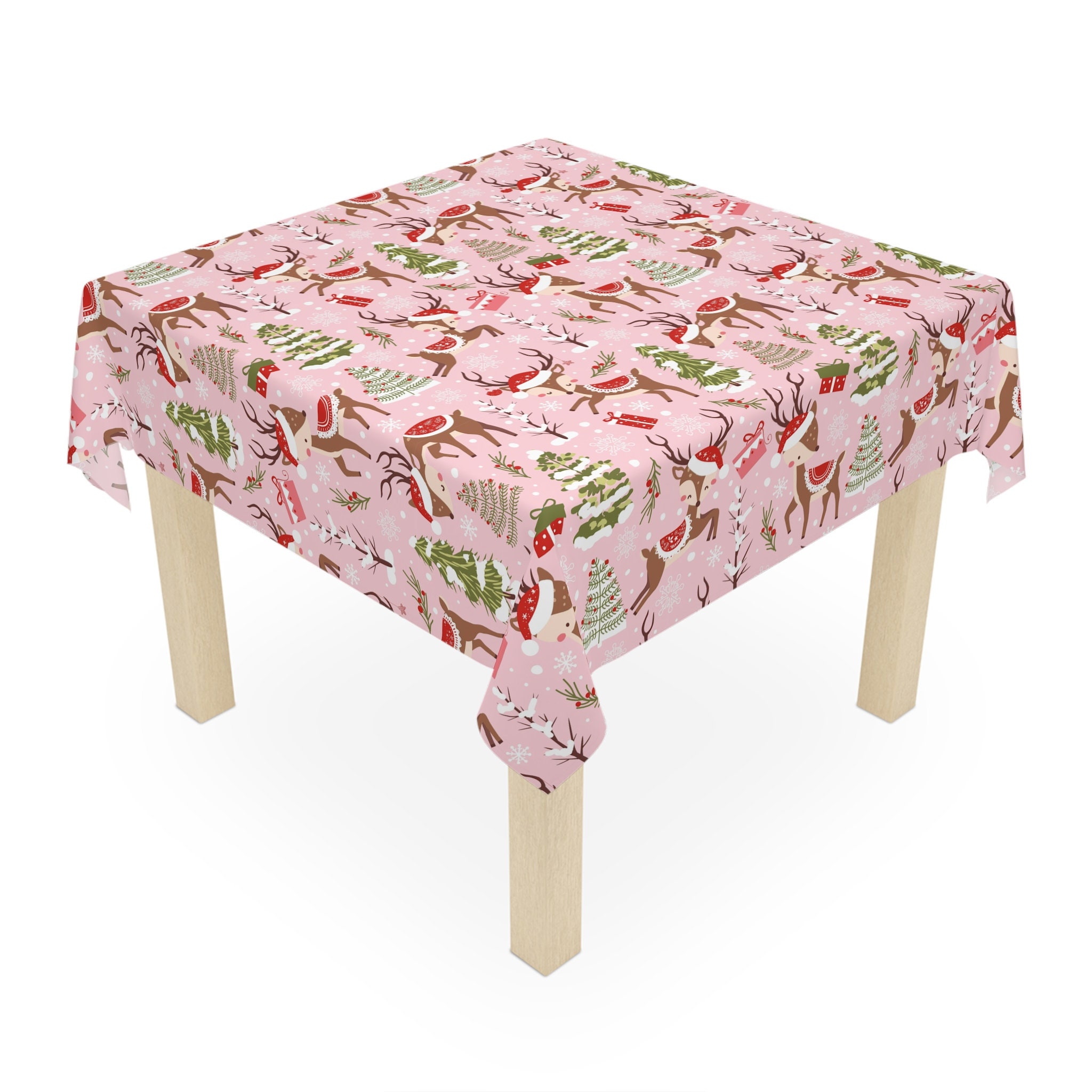 Pink Christmas Reindeer Tablecloth, Holiday Table Decorations, Seasonal ...