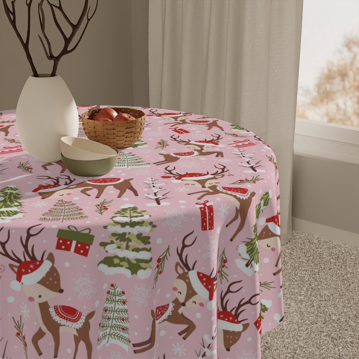 Pink Christmas Reindeer Tablecloth, Holiday Table Decorations, Seasonal ...
