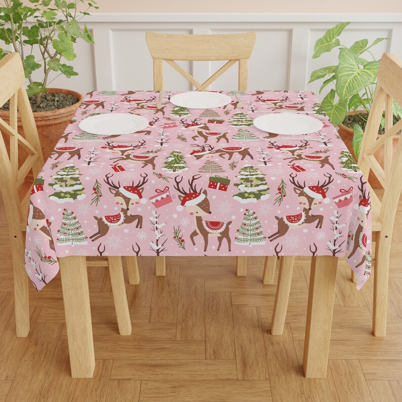 Pink Christmas Reindeer Tablecloth, Holiday Table Decorations, Seasonal ...
