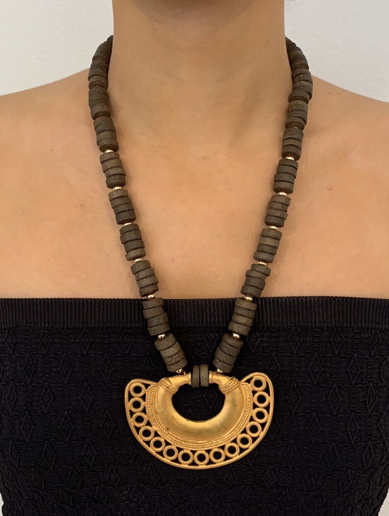 Pre-columbian Inca-inspired 24" Chocolate-colored Gold-plated Necklace ...