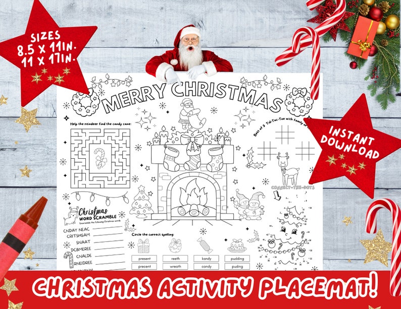 Christmas Activity Printable Mat, Kids Christmas Coloring Placemat ...