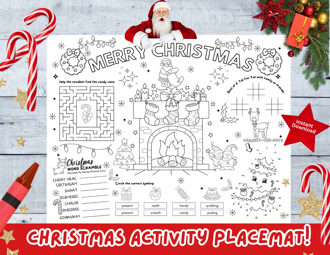 Christmas Activity Printable Mat, Kids Christmas Coloring Placemat ...