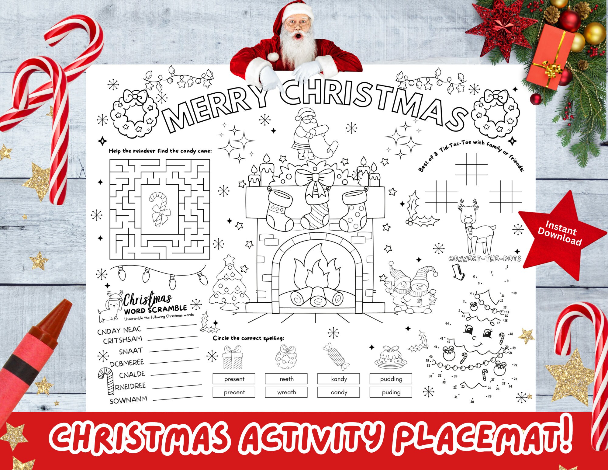Christmas Activity Printable Mat, Kids Christmas Coloring Placemat ...