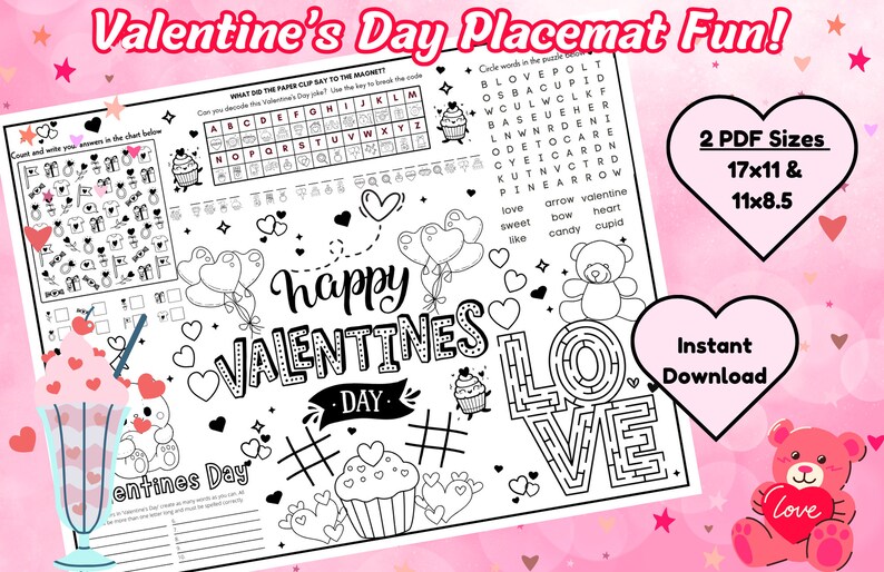 Valentine's Day Fun: Interactive Kids' Activity Placemat With Puzzles ...