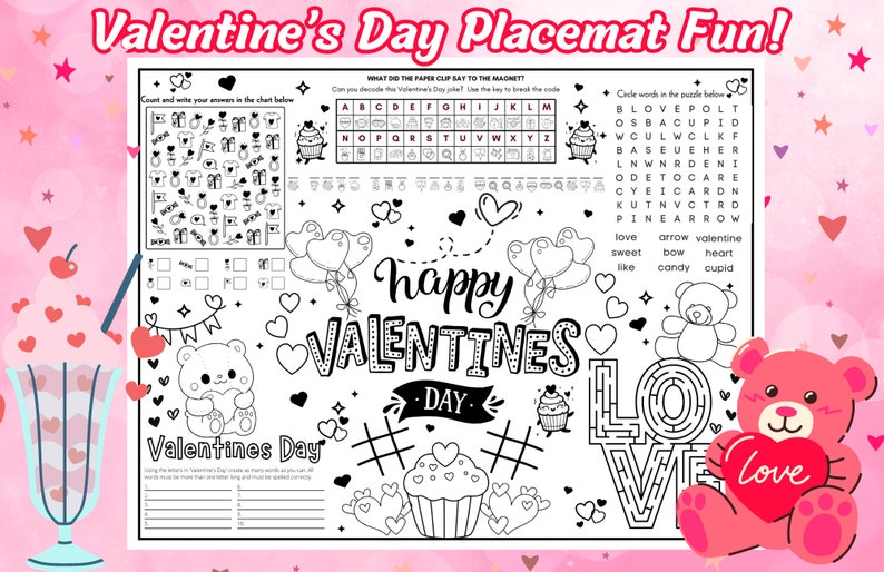 Valentine's Day Fun: Interactive Kids' Activity Placemat With Puzzles ...