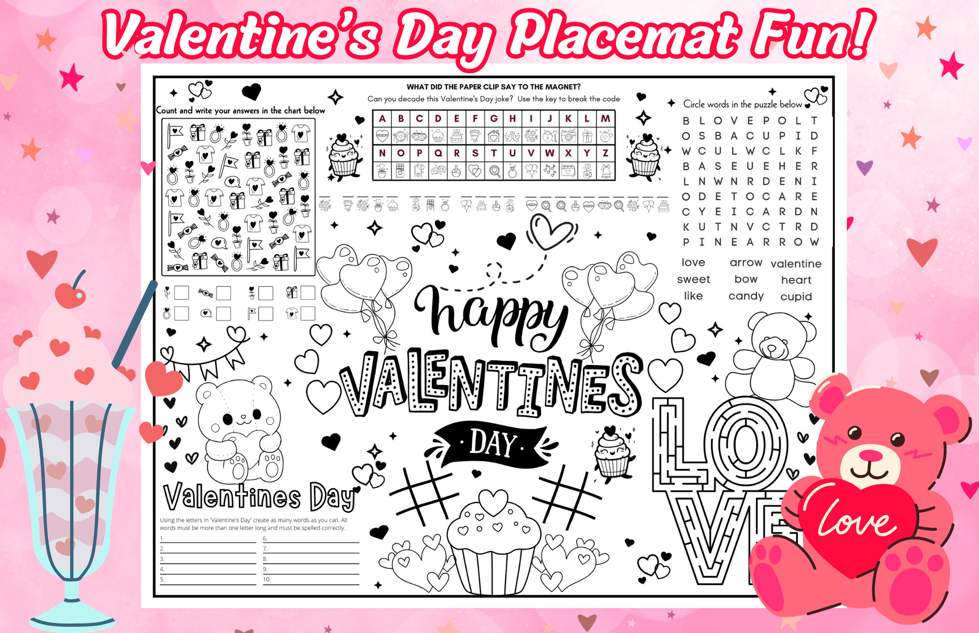 Valentine's Day Fun: Interactive Kids' Activity Placemat With Puzzles ...