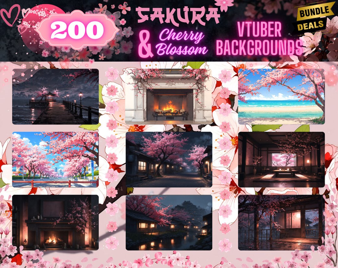 Japanese Sakura and Cherry Blossom Vtuber Backgrounds Bundle, 200 ...