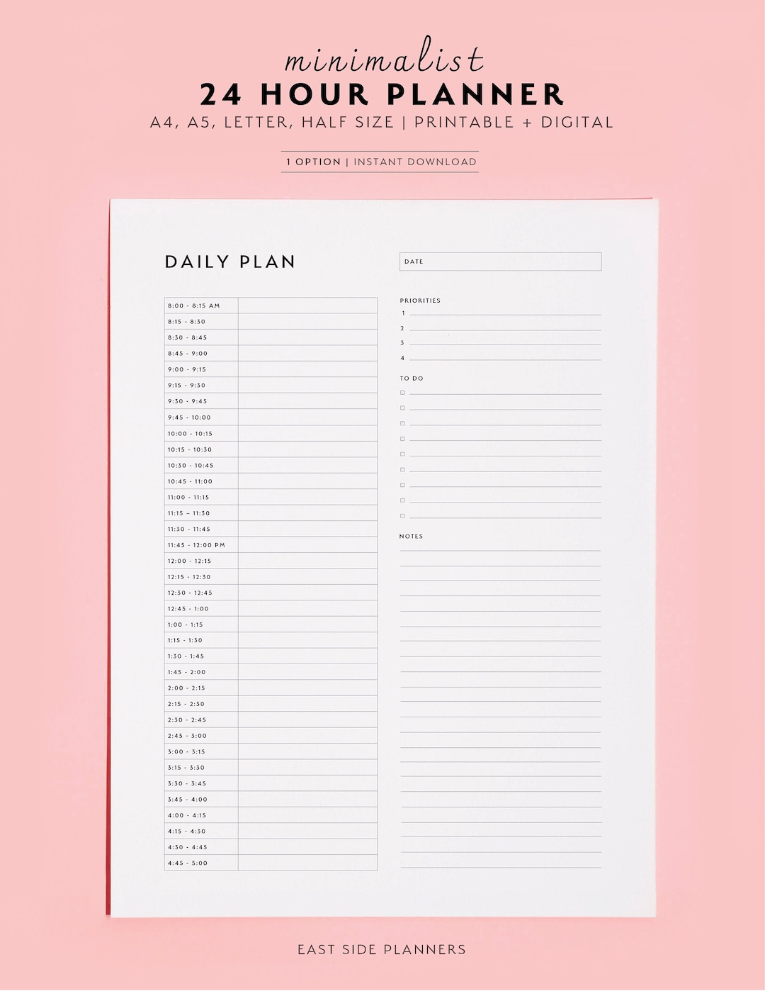 24hour Daily Planner Printable Daily to Do List for Work Personal Life ...