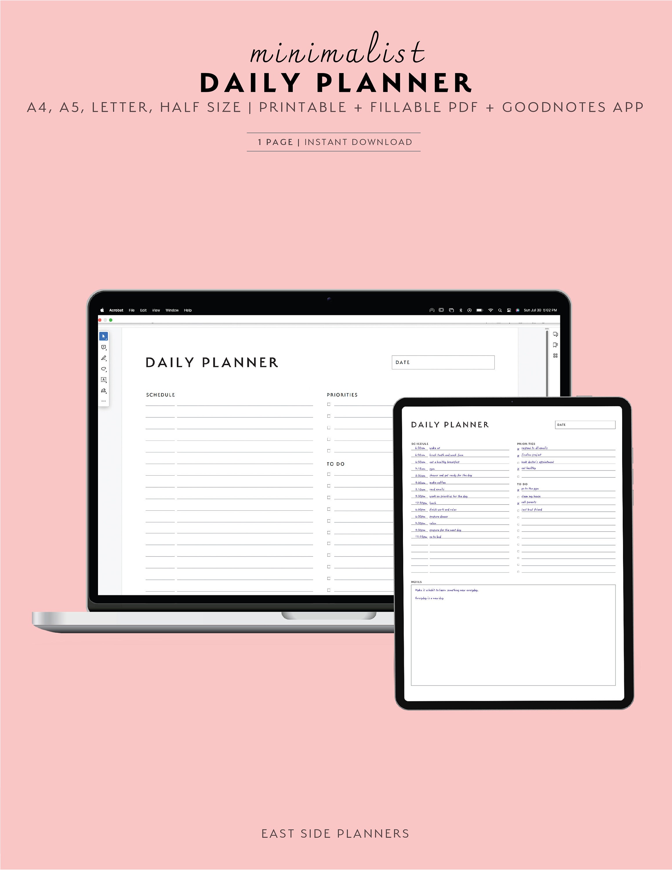 Minimalist Daily Planner Printable, Daily to Do List for Work/home ...