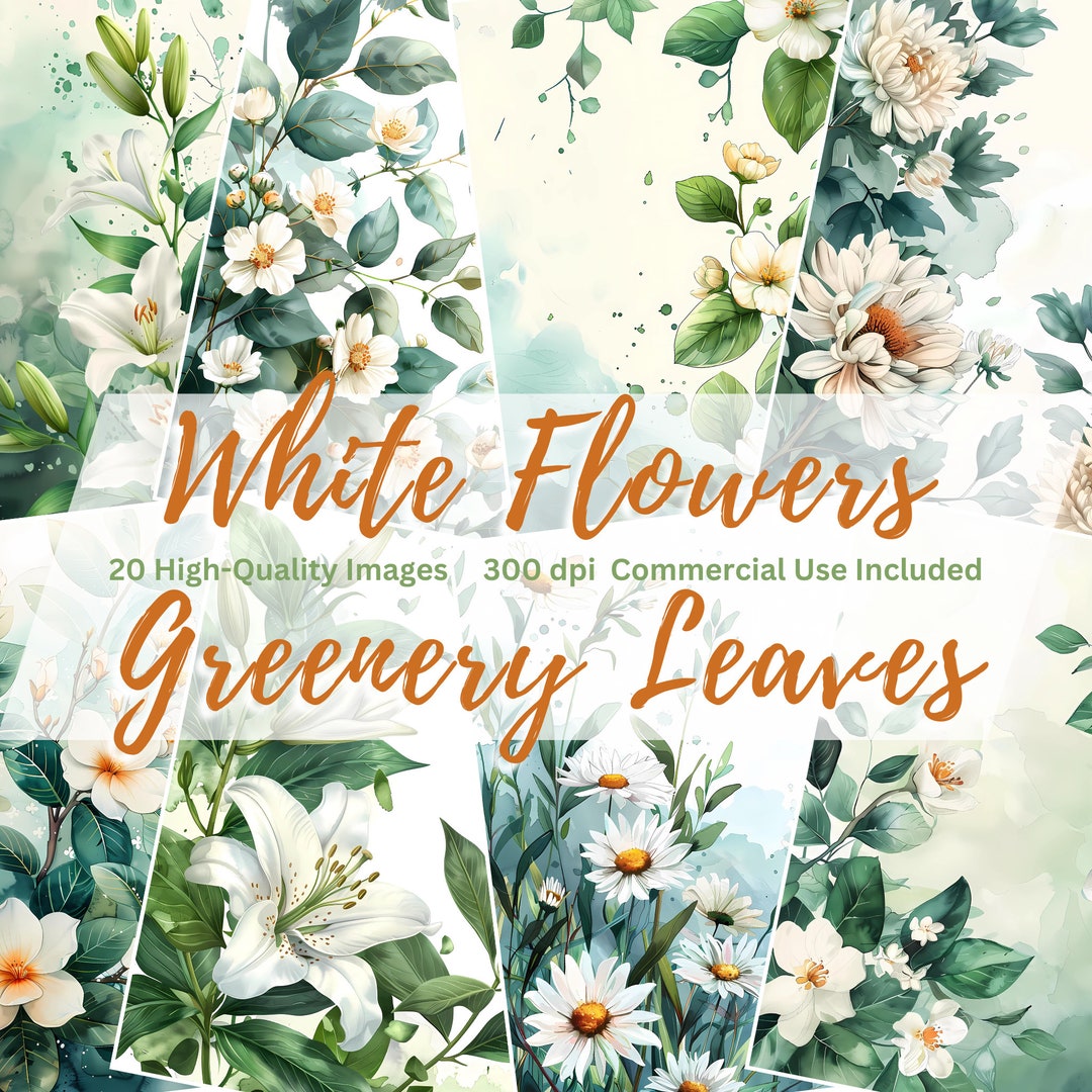 White Flowers Greenery Leaves Junk Journal Pages, White Wedding Flowers ...