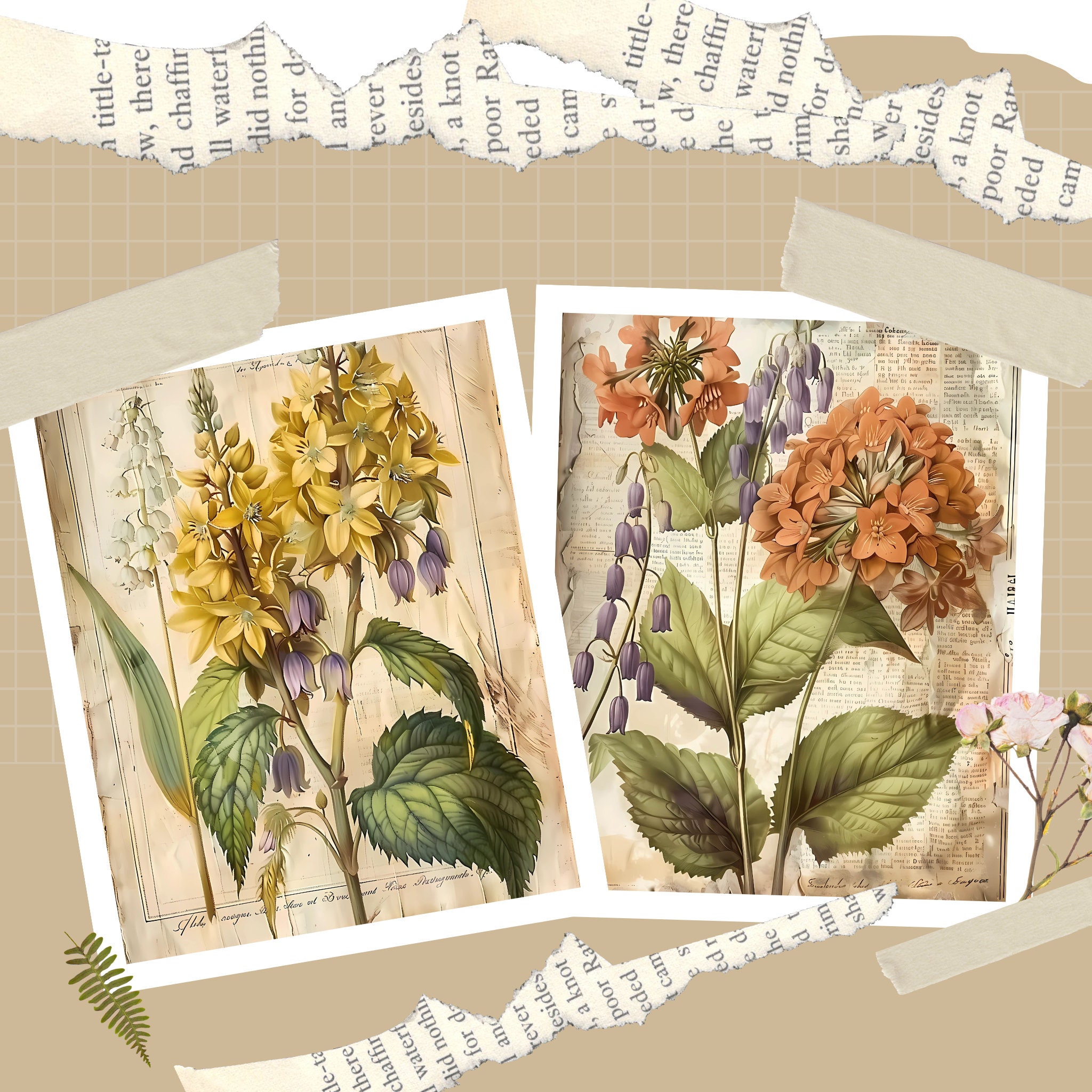 Vintage Botanical Prints Digital Kit, Flower Junk Journal Kit, Floral ...