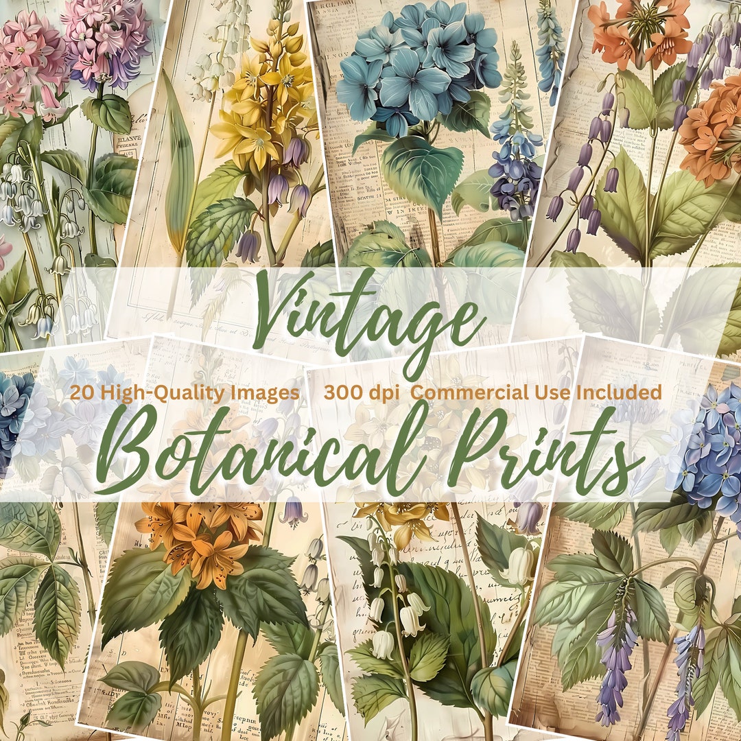 Vintage Botanical Prints Digital Kit, Flower Junk Journal Kit, Floral ...