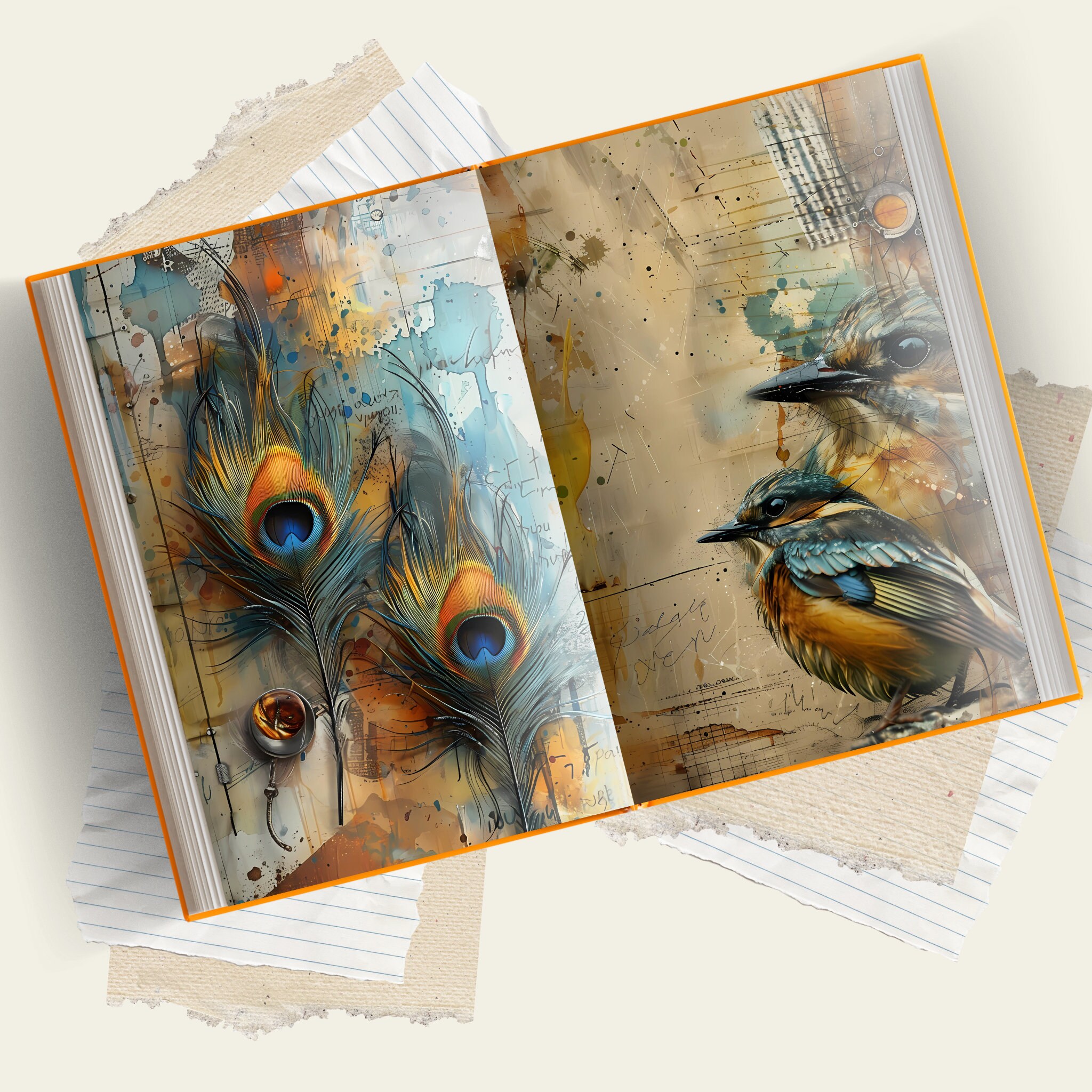 Whimsical Birds and Feathers Printable Papers,digital Paper Ephemera ...