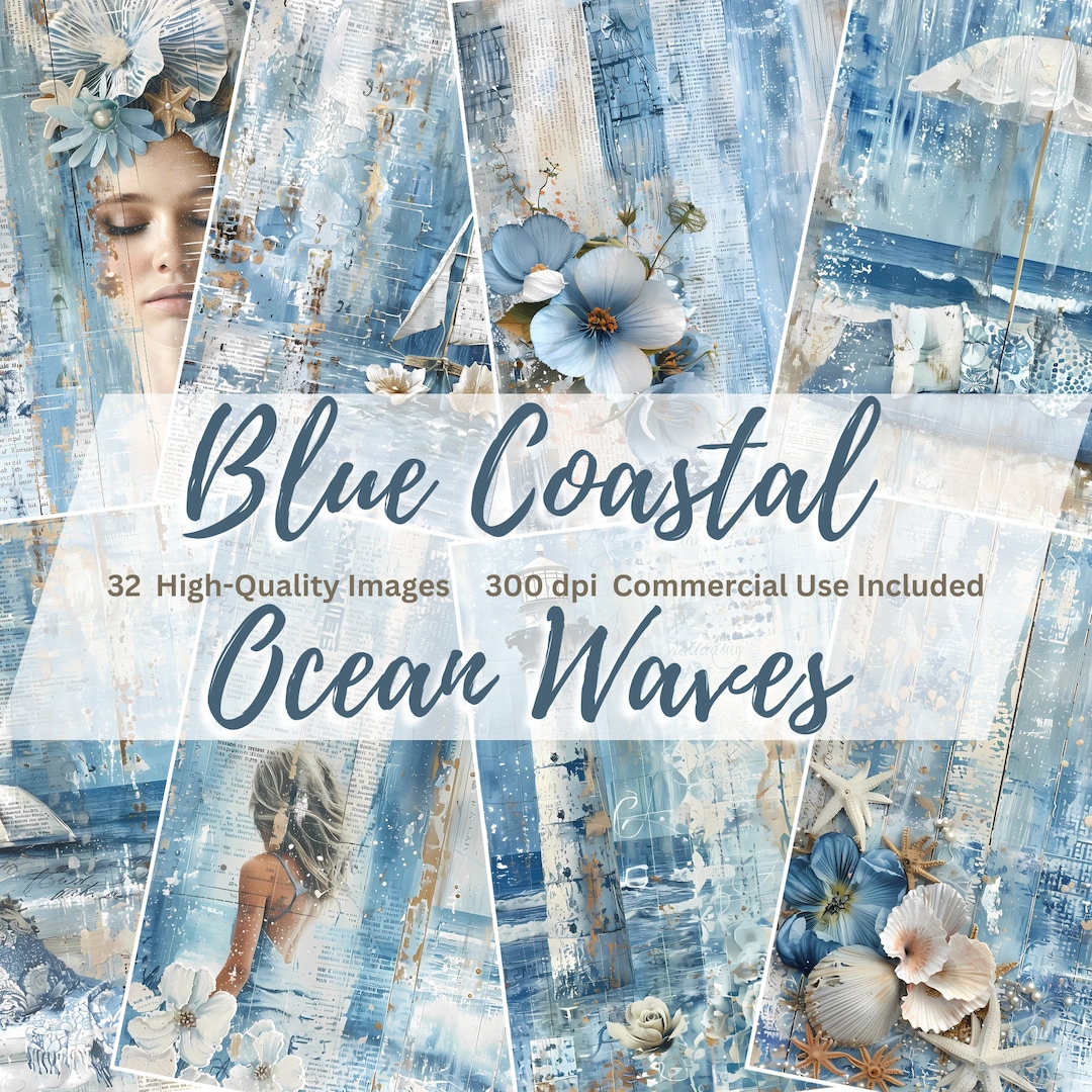 Blue Coastal Ocean Waves Junk Journal Kit, Printable Pages, Nautical ...