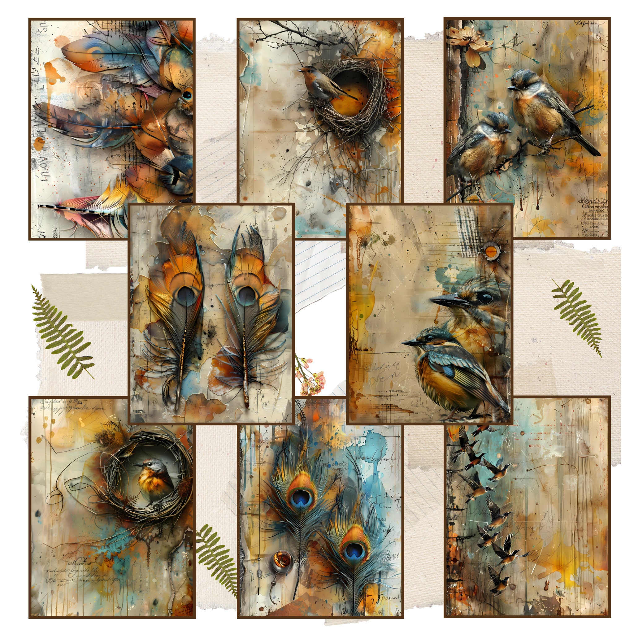 Whimsical Birds and Feathers Printable Papers,digital Paper Ephemera ...