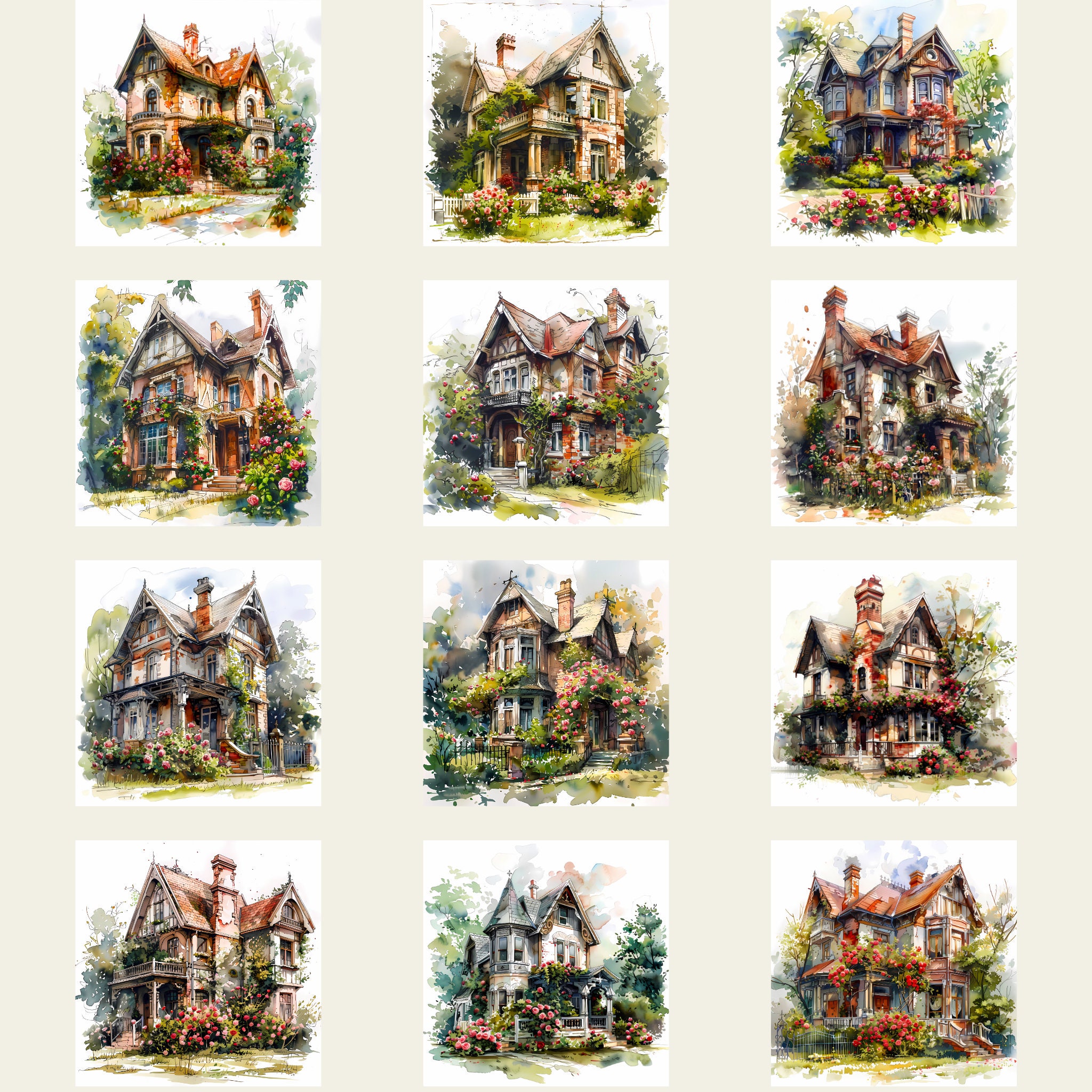 Rose Cottages Clipart 12 High-quality Jpgs, Junk Journals, Paper Craft ...