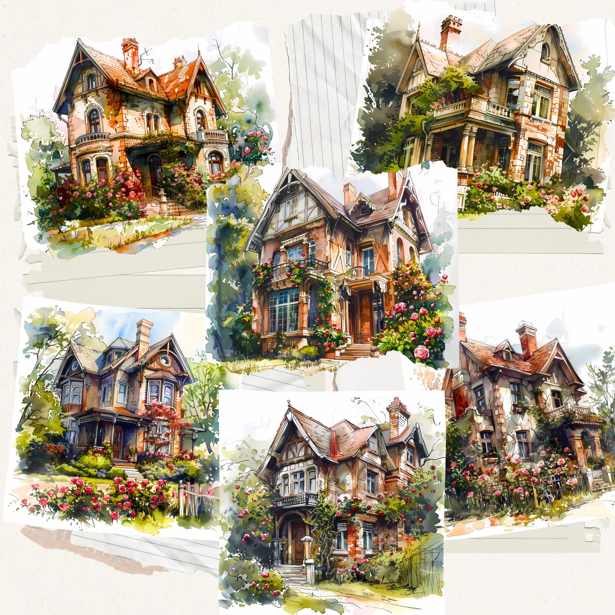 Rose Cottages Clipart 12 High-quality Jpgs, Junk Journals, Paper Craft ...