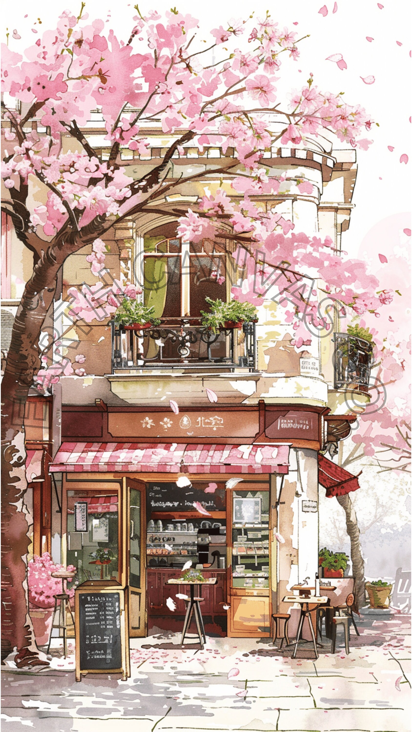 European Architecture Coffee Shop Water Painting, Cherry Trees in Full ...