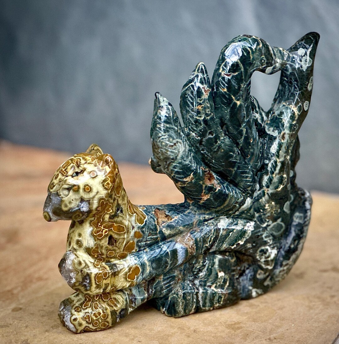 Ocean Jasper 9-tailed Fox Carving: Orbicular Crystal With Druzy Caves ...