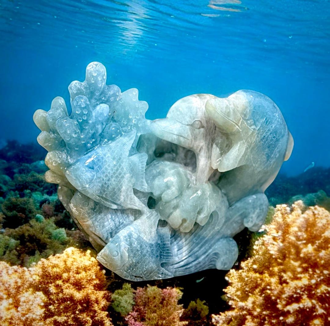 XL Twin Dolphin Ocean Aquamarine Crystal Carving | Hand-carved Gemstone ...