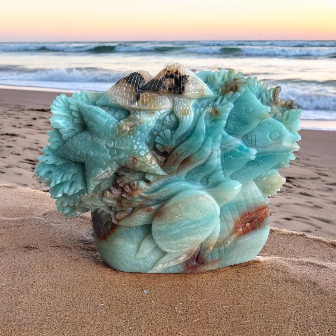 Caribbean Calcite Ocean Scene Carving: Sea Turtle, Coral, Starfish - Etsy