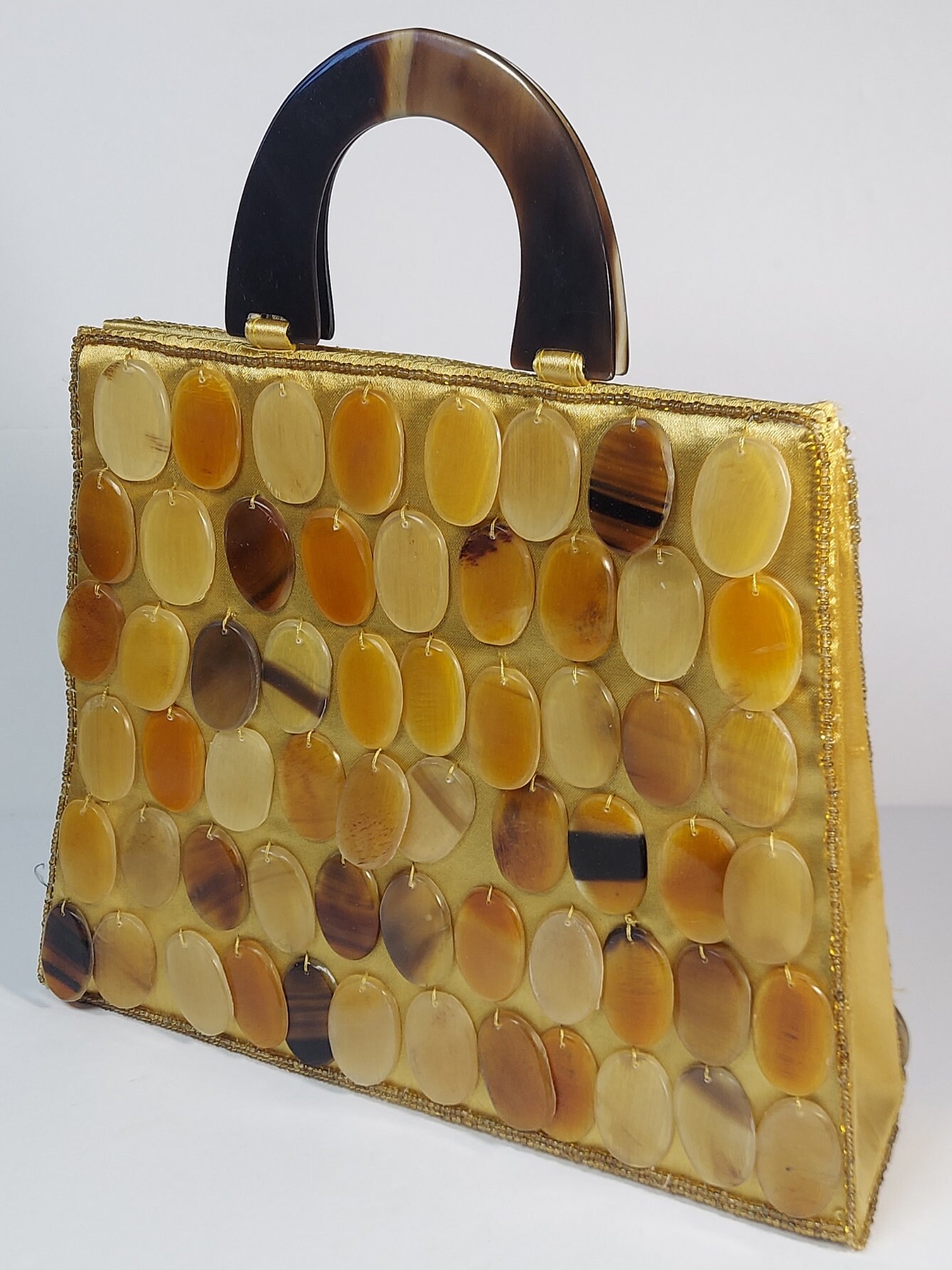 Vintage Tortoise Shell Lucite Disk Gold Satin Evening Handbag With ...