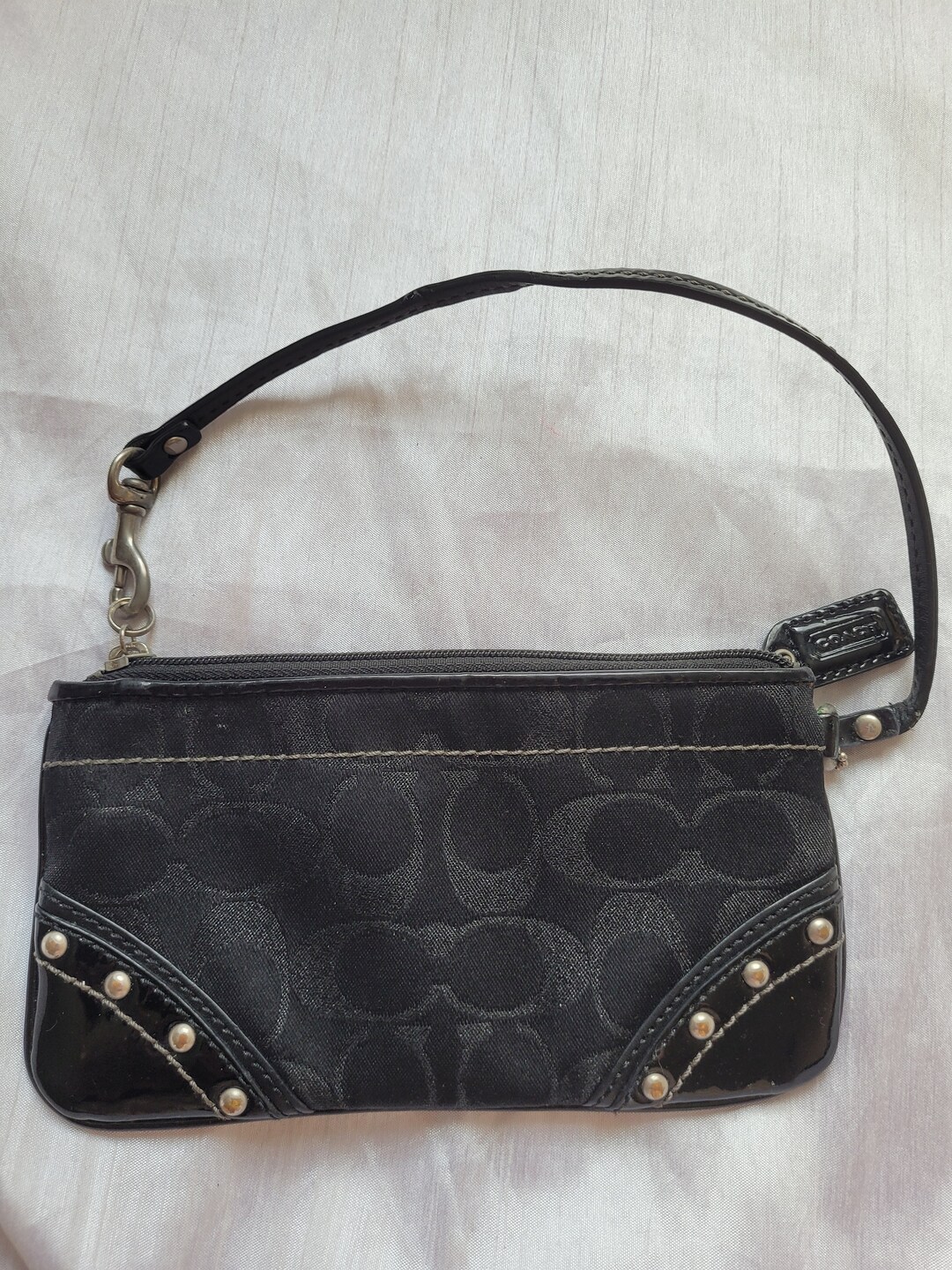 Coach Wristlet Black Patent Leather Signature Canvas Large Lurex Silver ...