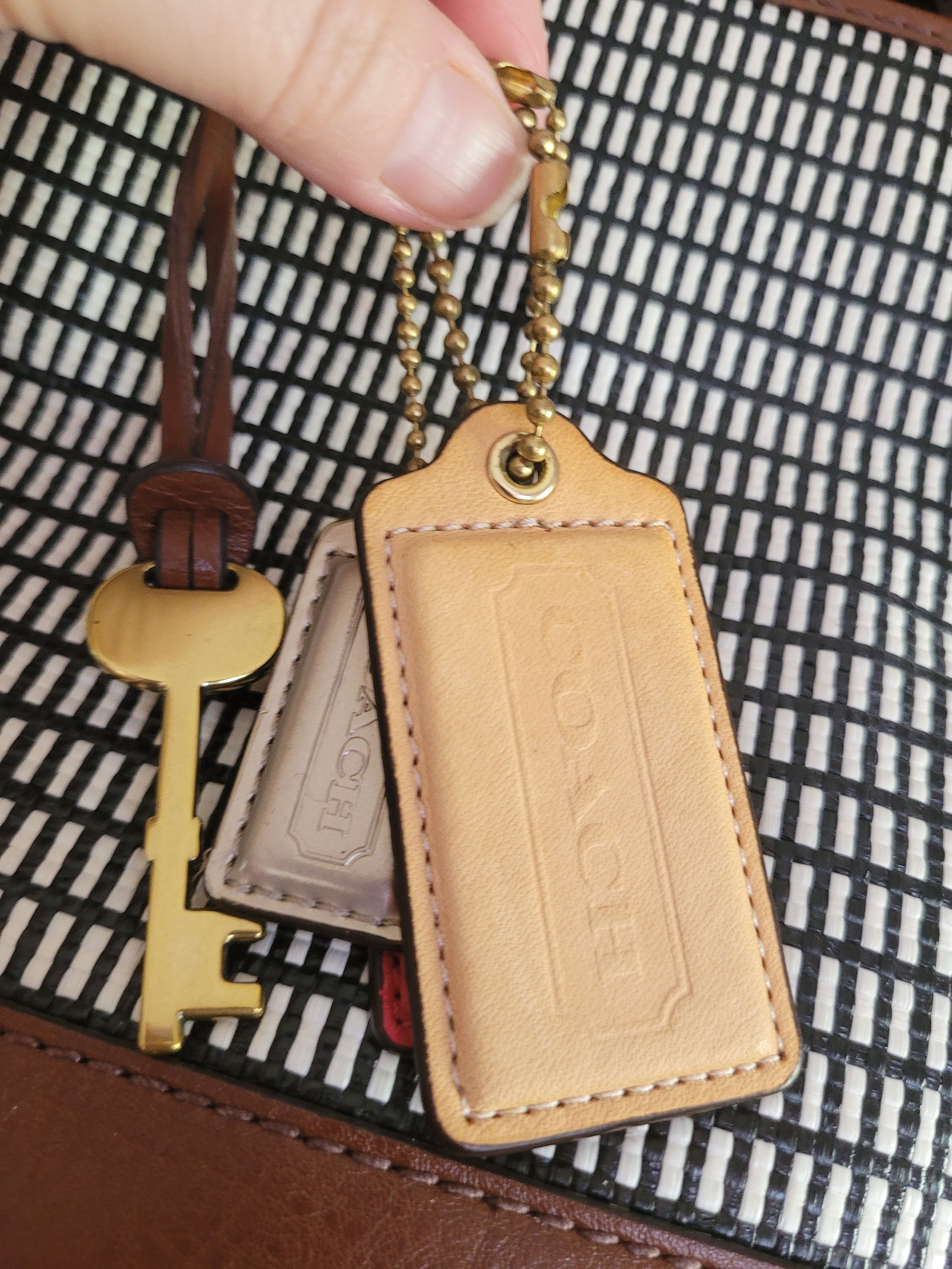 Coach Leather Hang Tag Bag Purse Keychain Brass Chain Brown Silver Pink ...